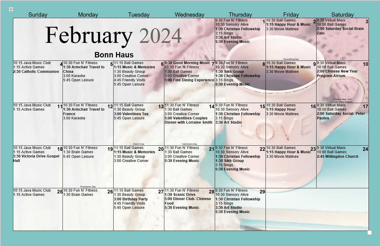 Monthly Recreation Calendar - German-Canadian Care Home