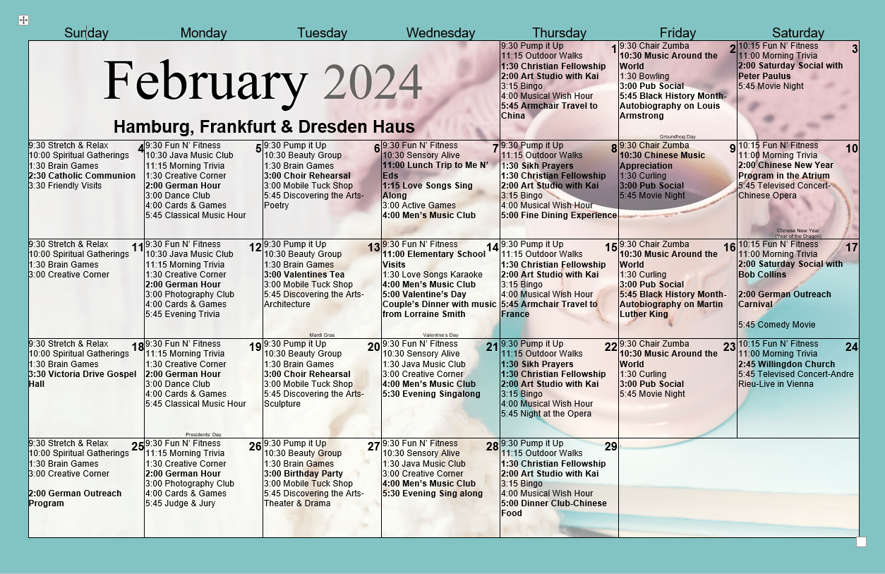 Monthly Recreation Calendar - German-Canadian Care Home